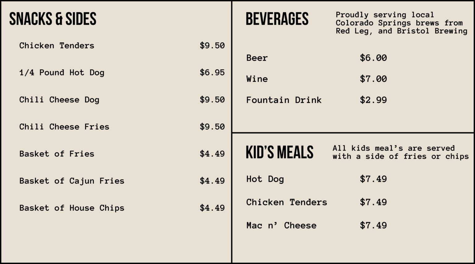 Restaurant Menu | Garden of the Gods Trading Post